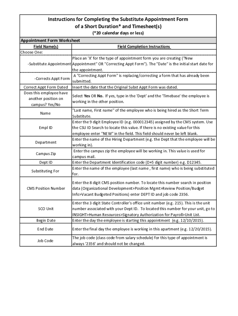 Fillable Online Instructions for Completing the Substitute Appointment ...