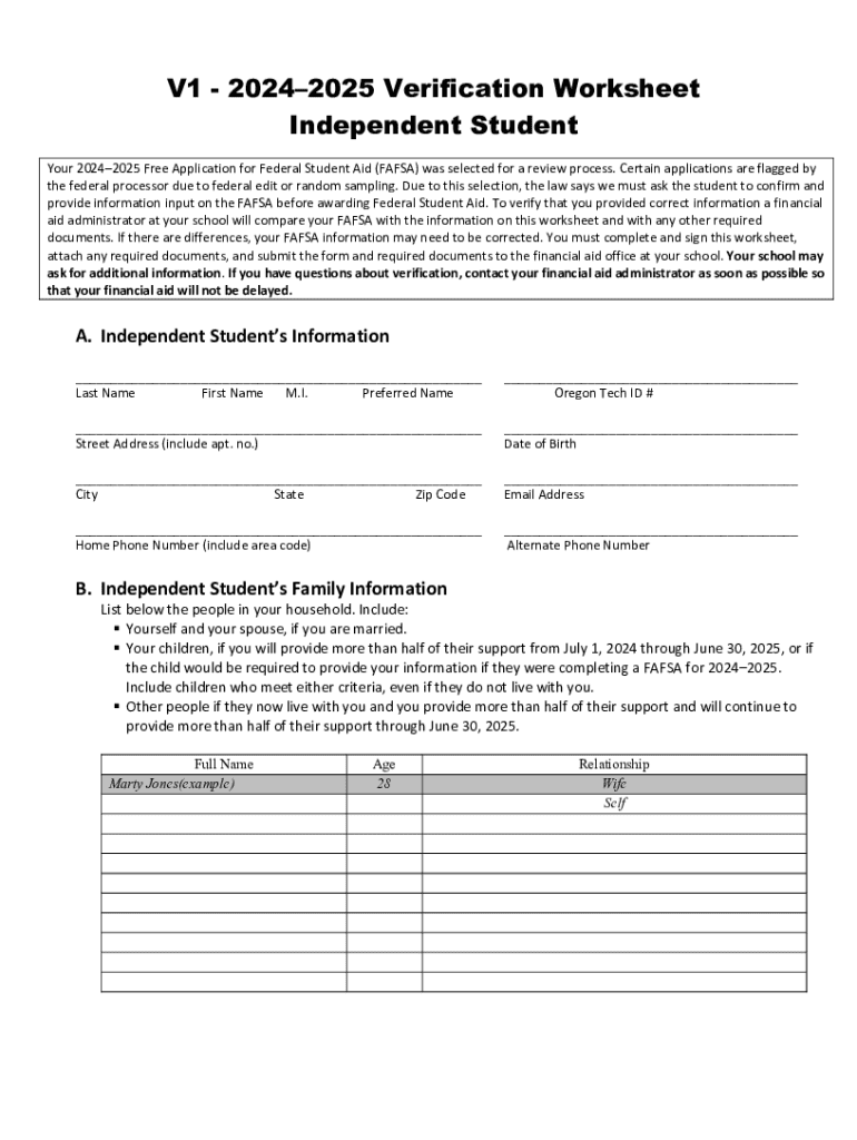Fillable Online V1 - 20242025 Verification Worksheet Independent Student Fax Email Print - pdfFiller