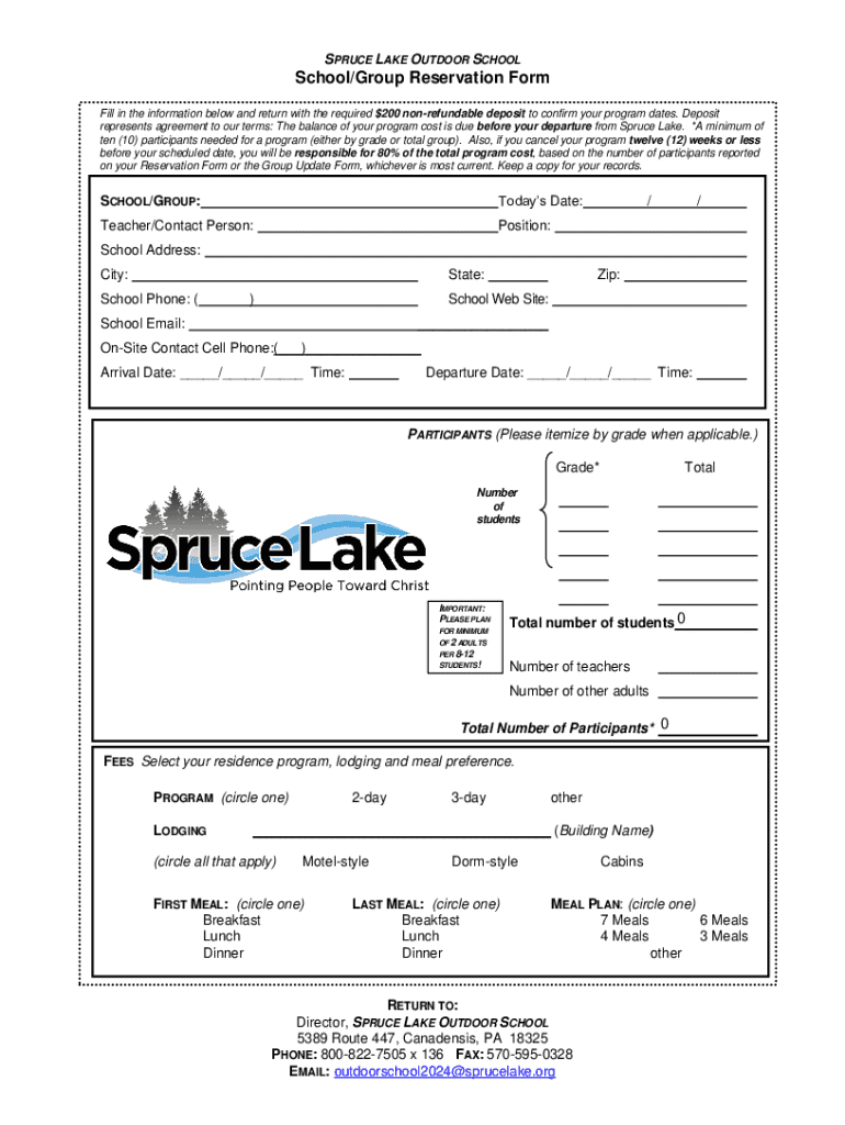 Fillable Online Fillable Online School/Group Reservation Form - Spruce ...