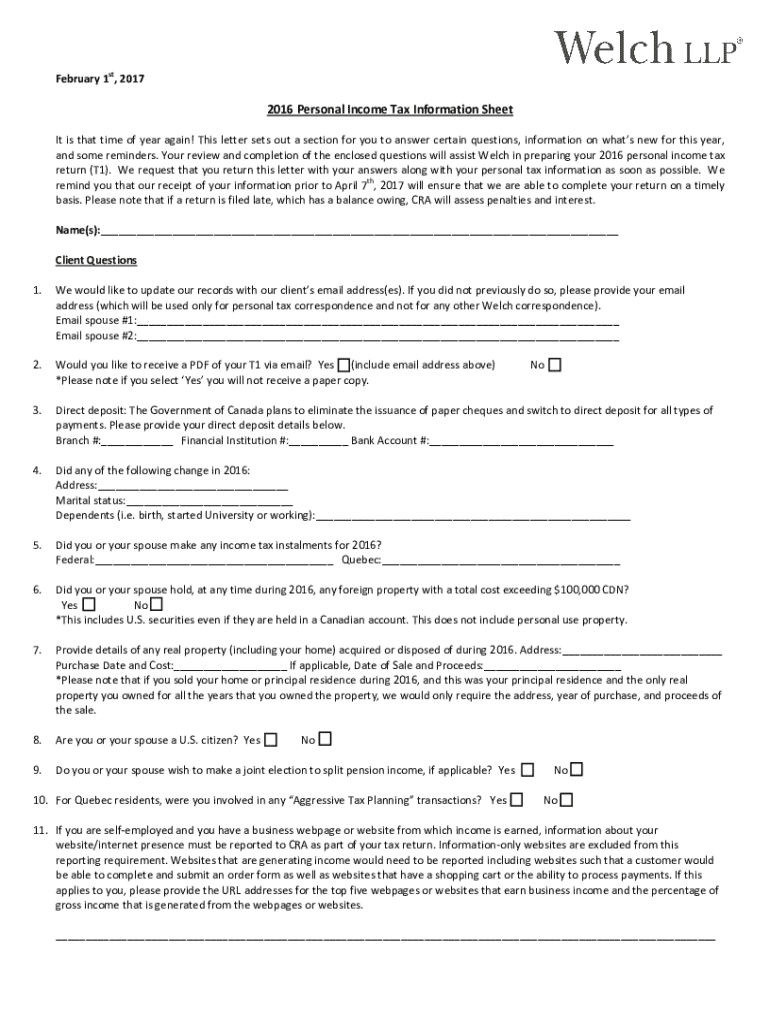 Fillable Online 2016 Personal Income Tax Information Sheet Fax Email ...