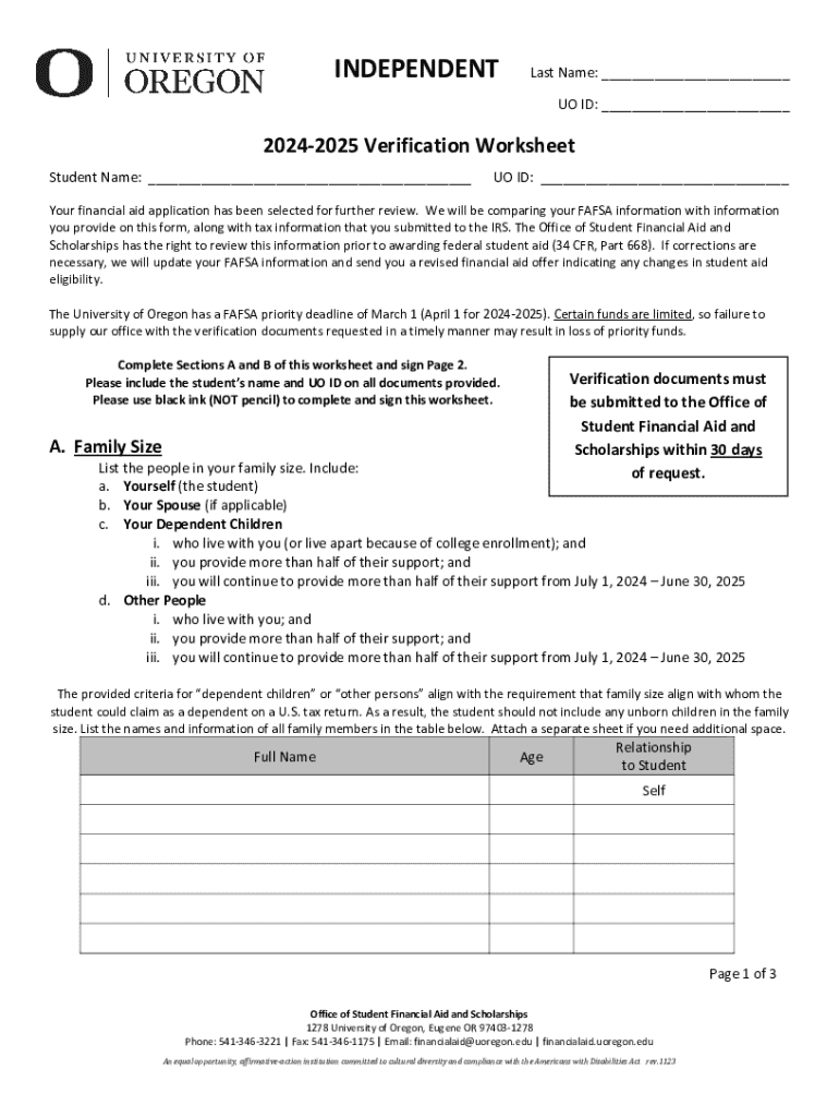 Fillable Online financialaid uoregon 2024-2025 Verification Worksheet ...
