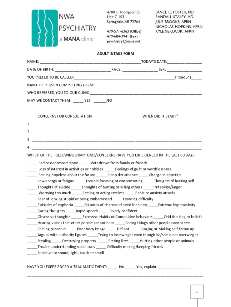 Fillable Online Adult Intake Form - Family Attachment Center Fax Email Print - pdfFiller