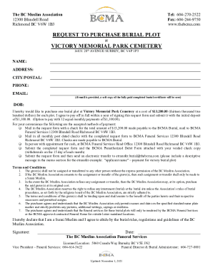 Fillable Online REQUEST TO PURCHASE BURIAL PLOTS at VEDDER ... Fax ...