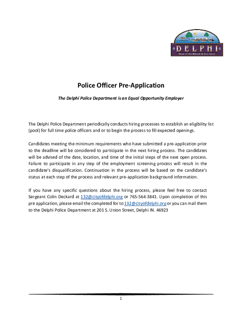 Fillable Online POLICE DEPARTMENT NOW HIRING!! - City of Delphi News ...