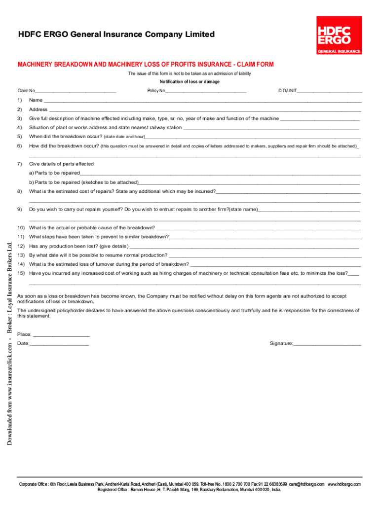 Fillable Online Download hdfc-ergo Machinery-Breakdown claim-form ...