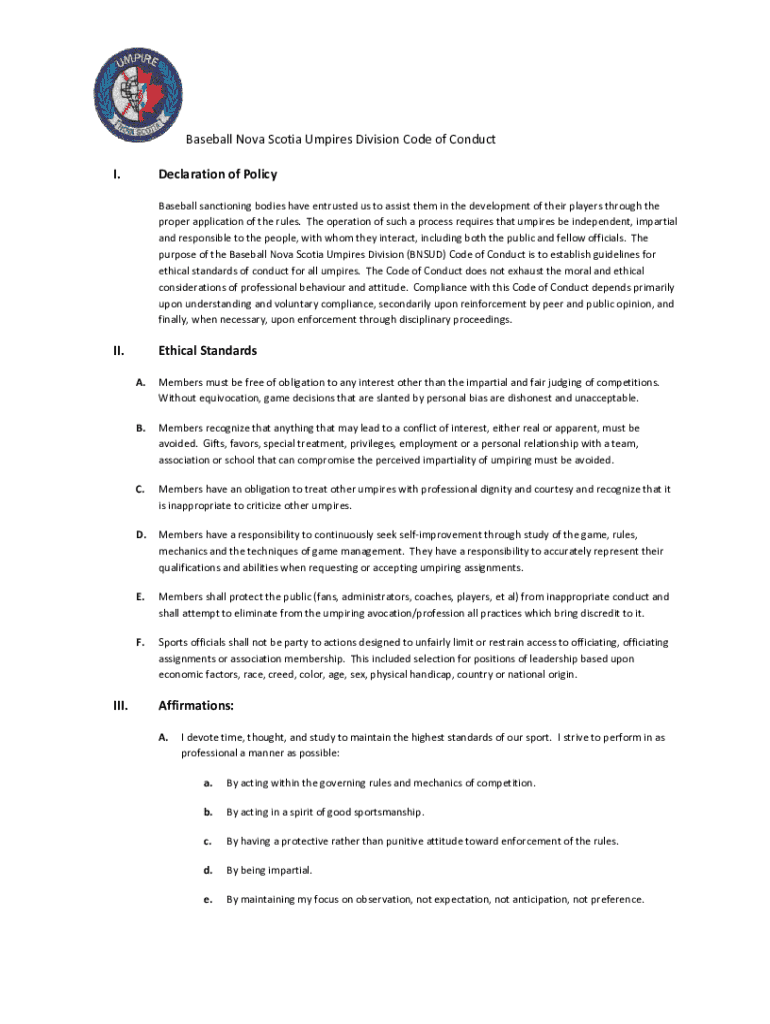 Fillable Online Baseball Nova Scotia Umpire Division Code of Conduct ...