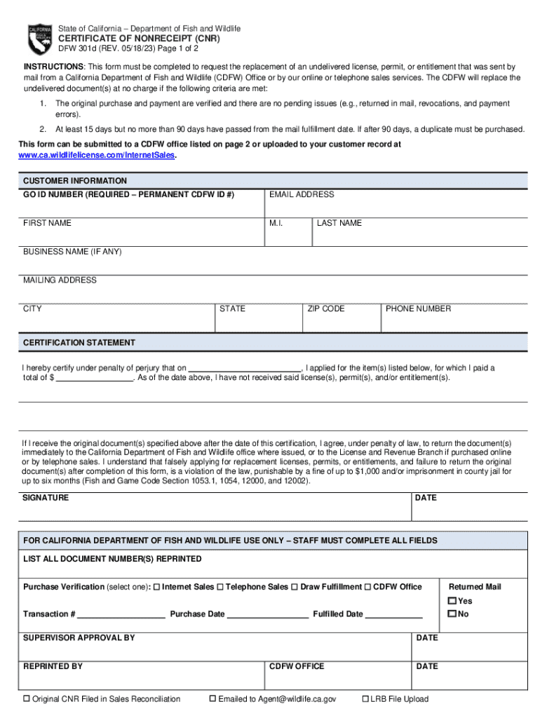 Fillable Online Certificate of Nonreceipt (CNR) DFW 301d Fax Email ...