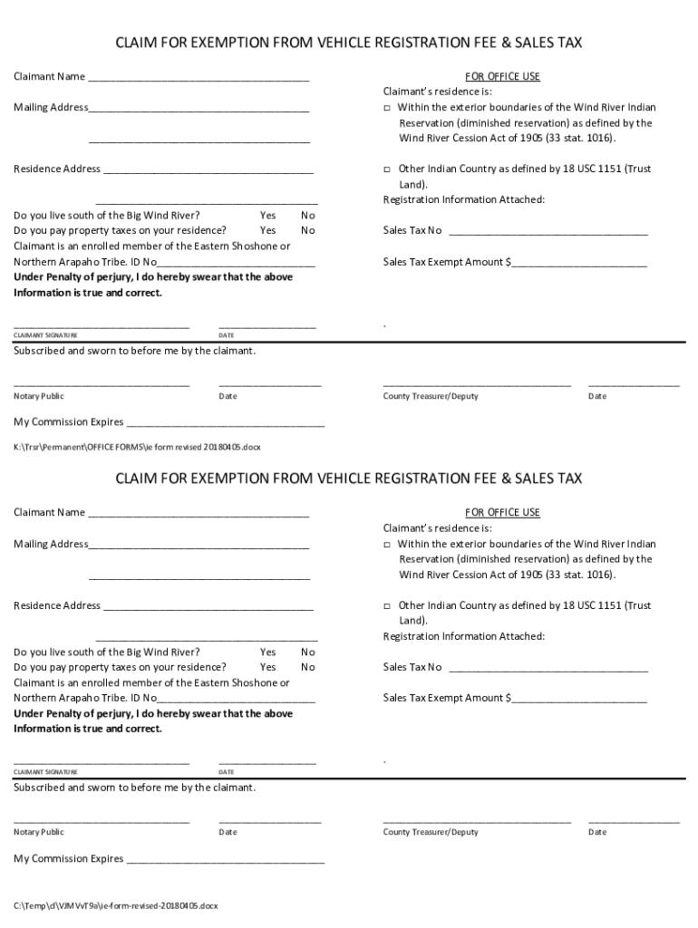 Fillable Online claim for exemption from vehicle registration fee ...