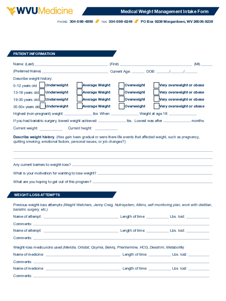 Fillable Online Medical Weight Management Intake Form Fax Email Print ...