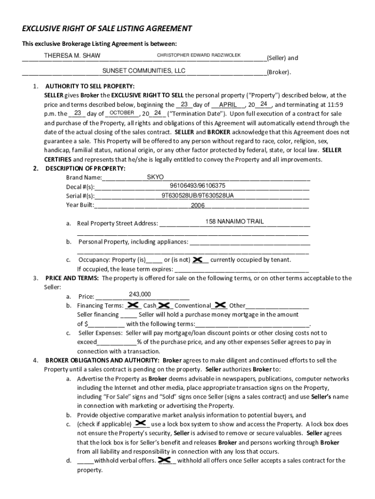 Fillable Online Exclusive Right of Sale Listing Agreement - Transaction ... Fax Email Print ...