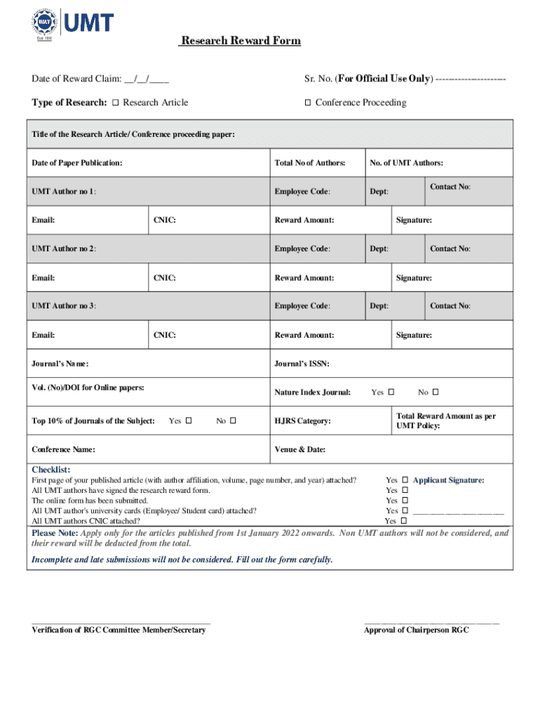 Fillable Online admin umt edu Research Reward Form Fax Email Print ...