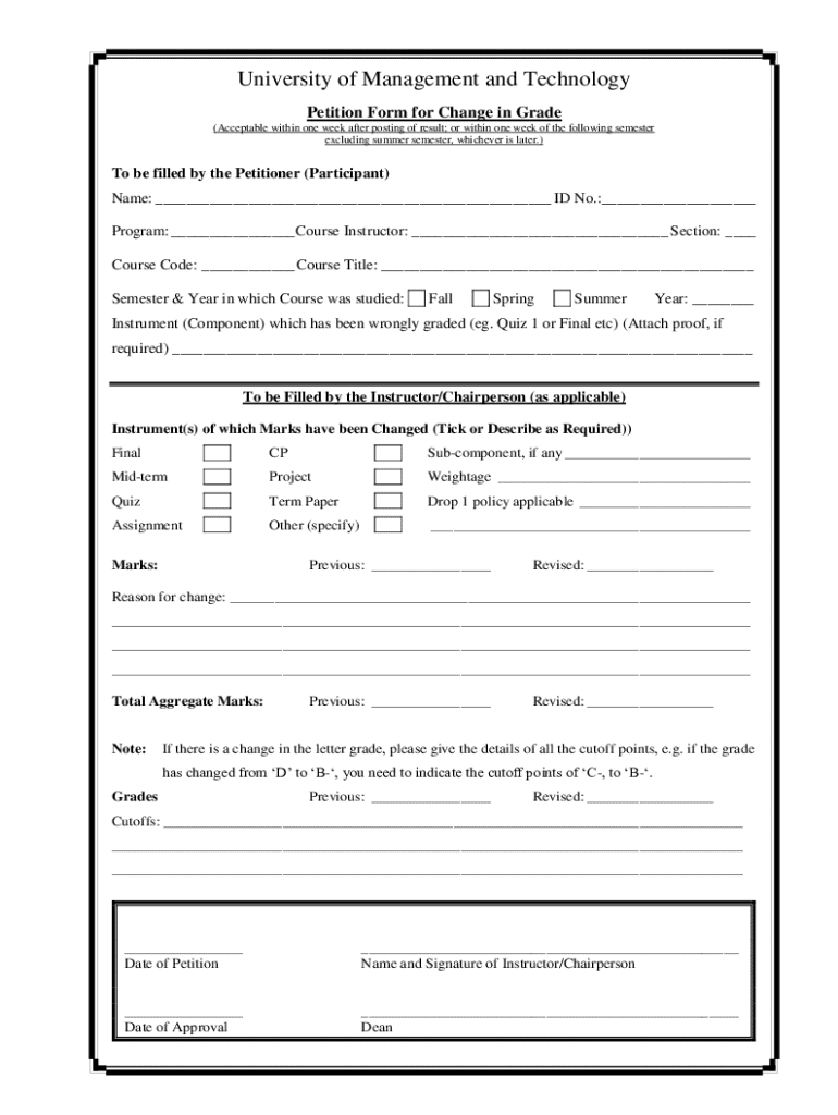 Fillable Online admin umt edu Petition Form for Change in Grade Fax ...