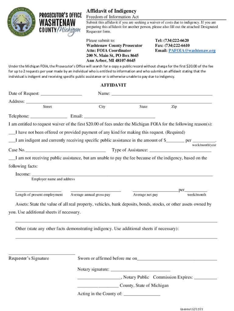 Fillable Online FOIA FEE WAIVER/AFFIDAVIT OF INDIGENCE - Michigan ...