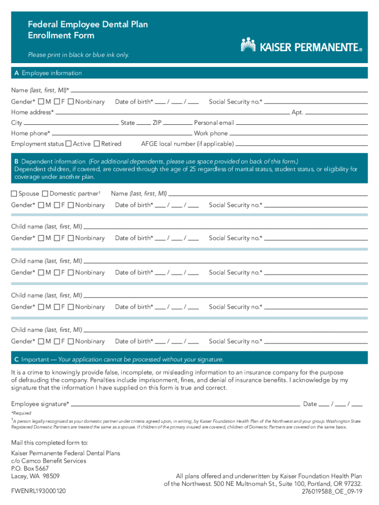Fillable Online healthplans kaiserpermanente Federal Employee Dental Plan Enrollment ...