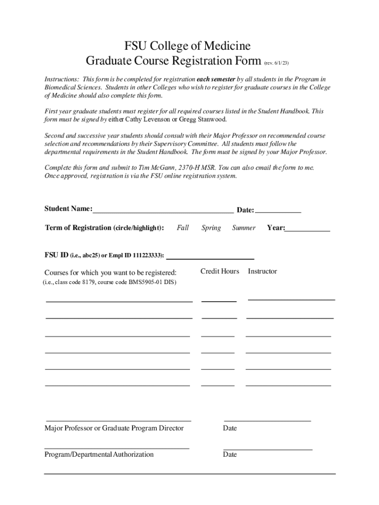Fillable Online med fsu FSU College of Medicine Graduate Course Registration Form (rev. 6 ...