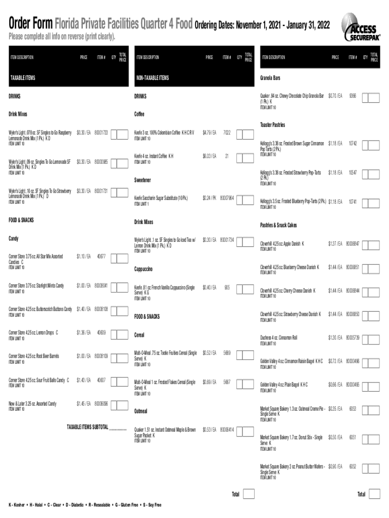 Fillable Online Order Form Florida Private Facilities Quarter 4 Food ...