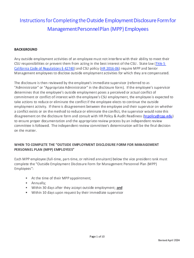 Fillable Online Instructions for Outside Employment Disclosure Form for ...