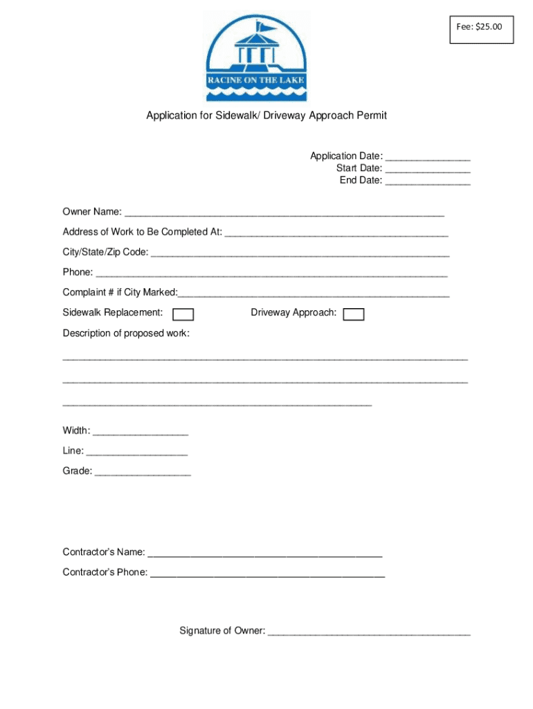 Fillable Online Application for Sidewalk/ Driveway Approach Permit Fax ...