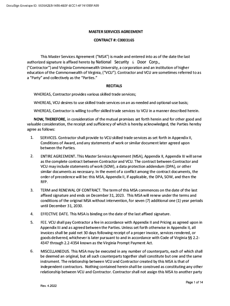 Fillable Online Master Services Agreement C0003165 - VCU Procurement Fax Email Print - pdfFiller