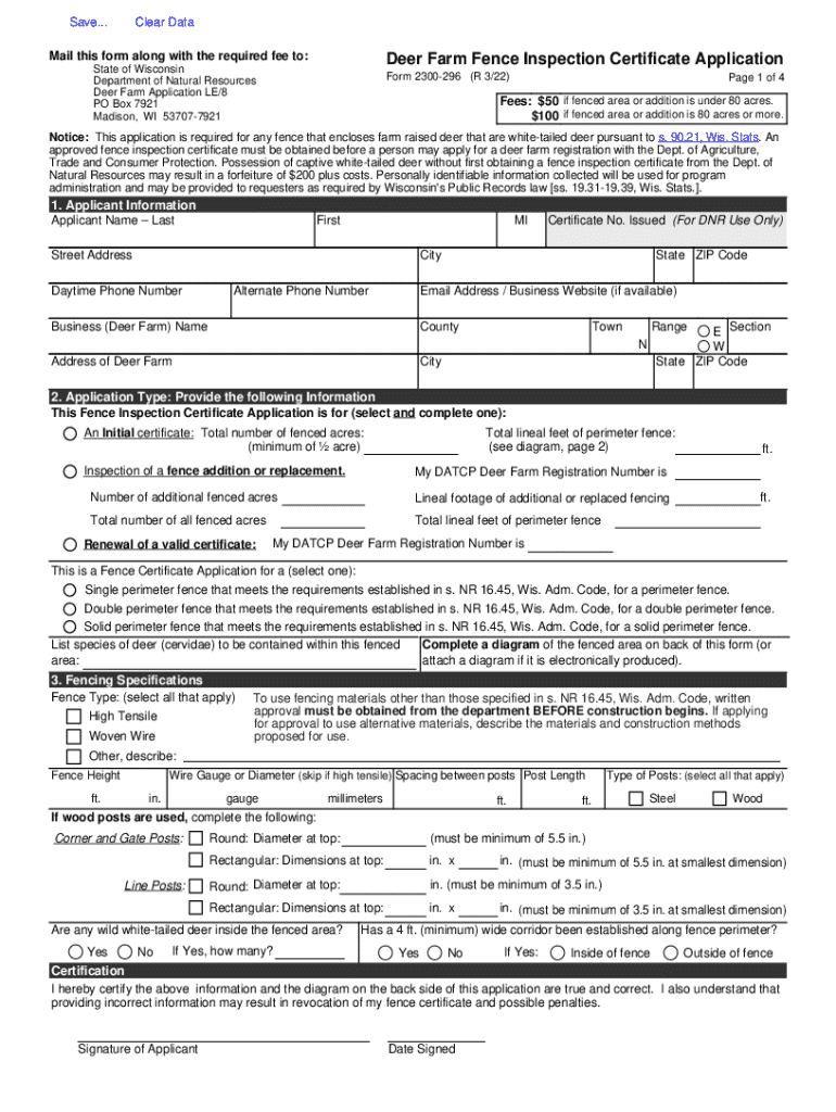 Fillable Online Form 2300-296. Deer Farm Fence Certificate Application ...
