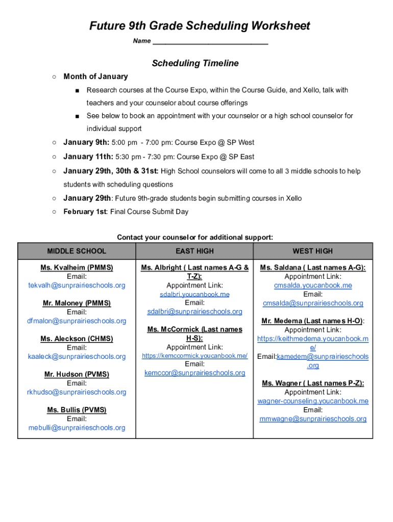 Fillable Online 20232024 Future 9th grade Scheduling Worksheet and ...