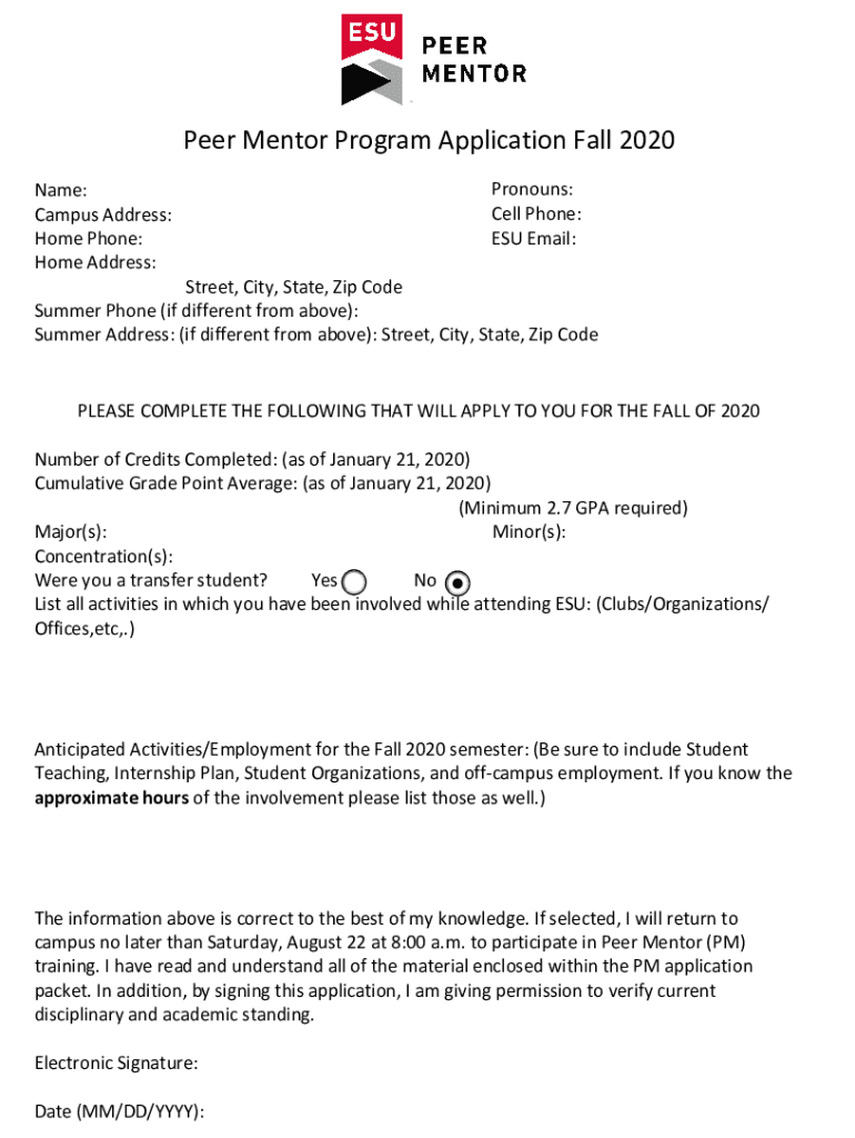 Fillable Online Peer Mentor ApplicationCareer, Independent Living ...