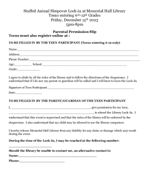 Fillable Online Stuffed Animal Sleepover Lock-in - Memorial Hall ...