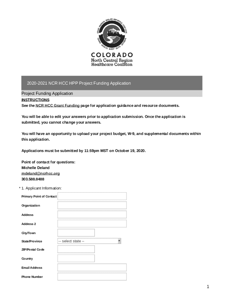 Fillable Online 2020-2021 NCR HCC HPP Project Funding Application Fax ...