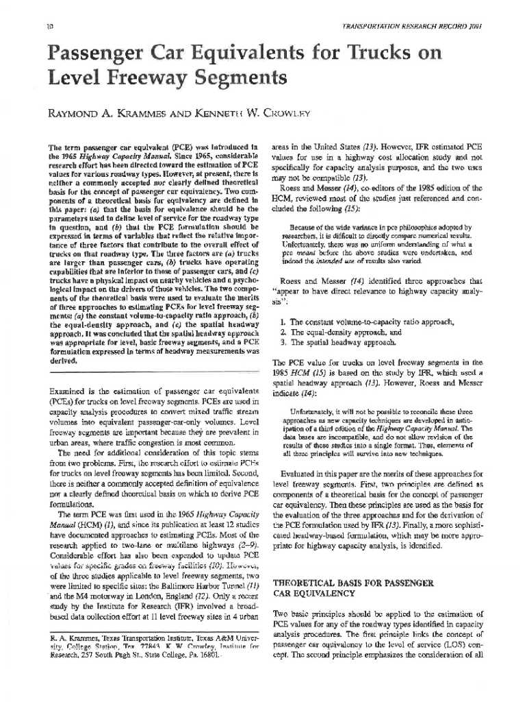 Fillable Online onlinepubs trb Passenger Car Equivalents for Trucks on ...