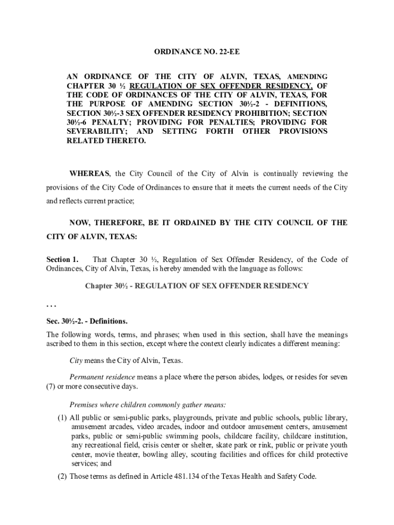 Fillable Online ORDINANCE NO. 22-EE AN ORDINANCE OF THE CITY OF ALVIN ... Fax Email Print ...