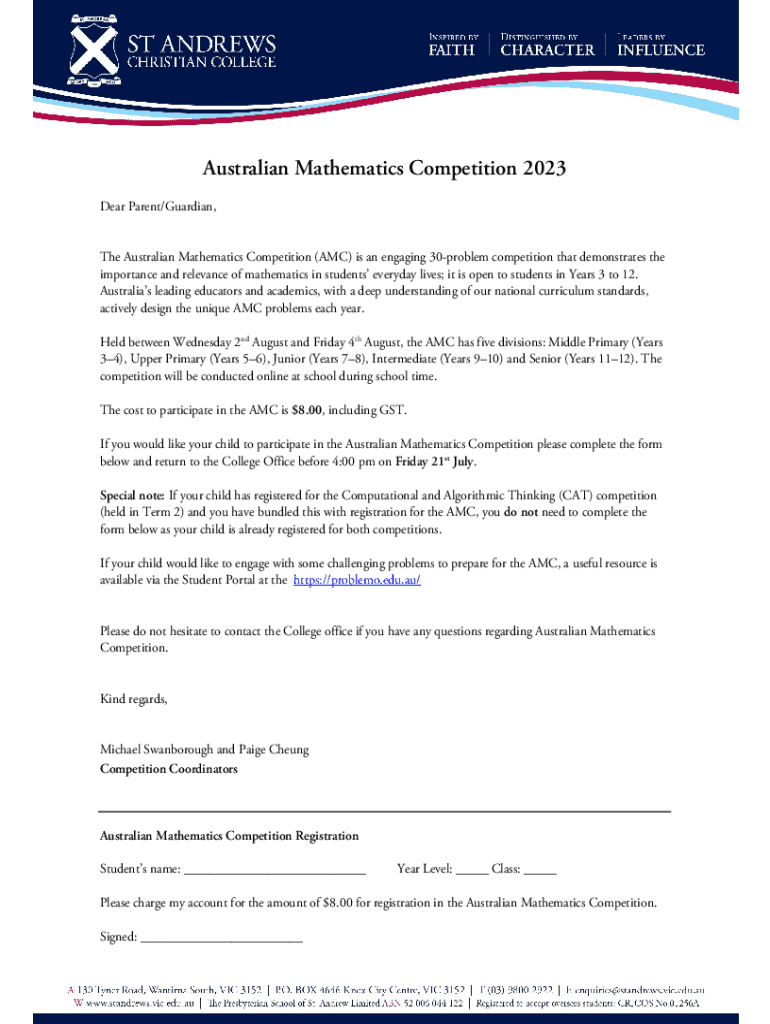 Fillable Online Sit the Australian Mathematics Competition (AMC) at ...