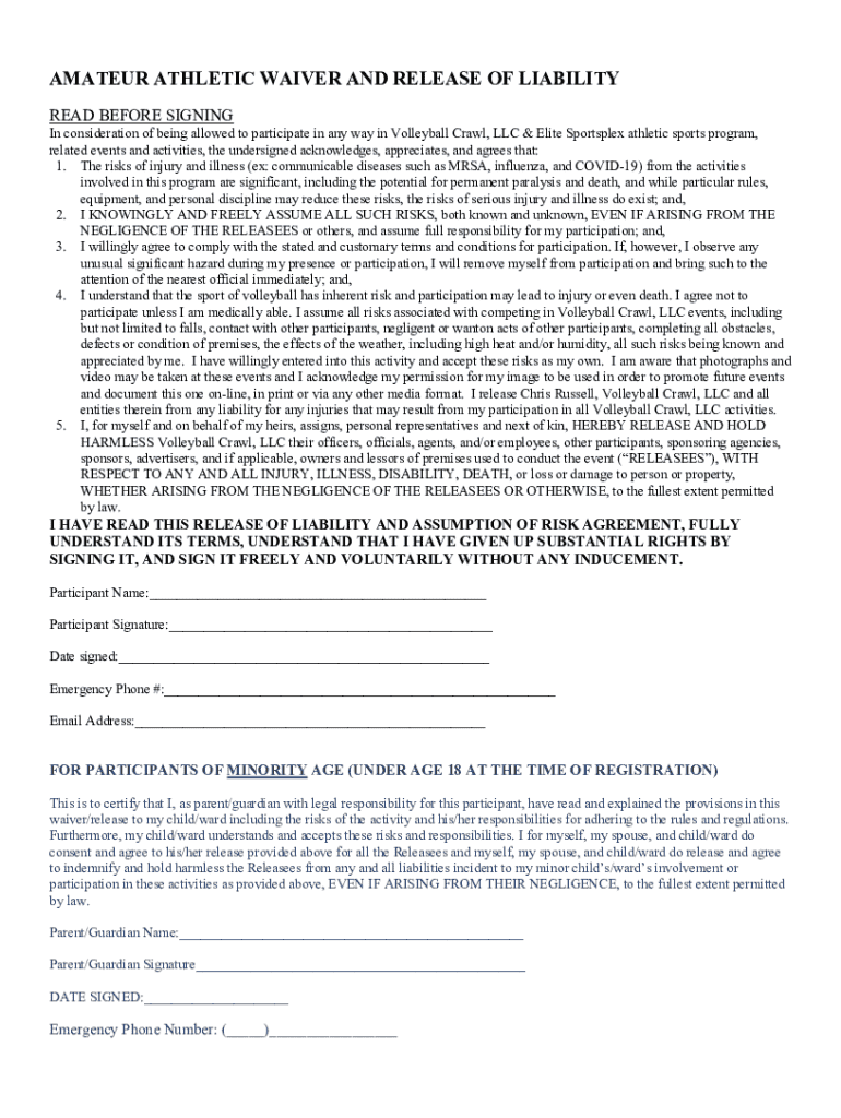 Fillable Online amateur athletic waiver and release of liability. read ...