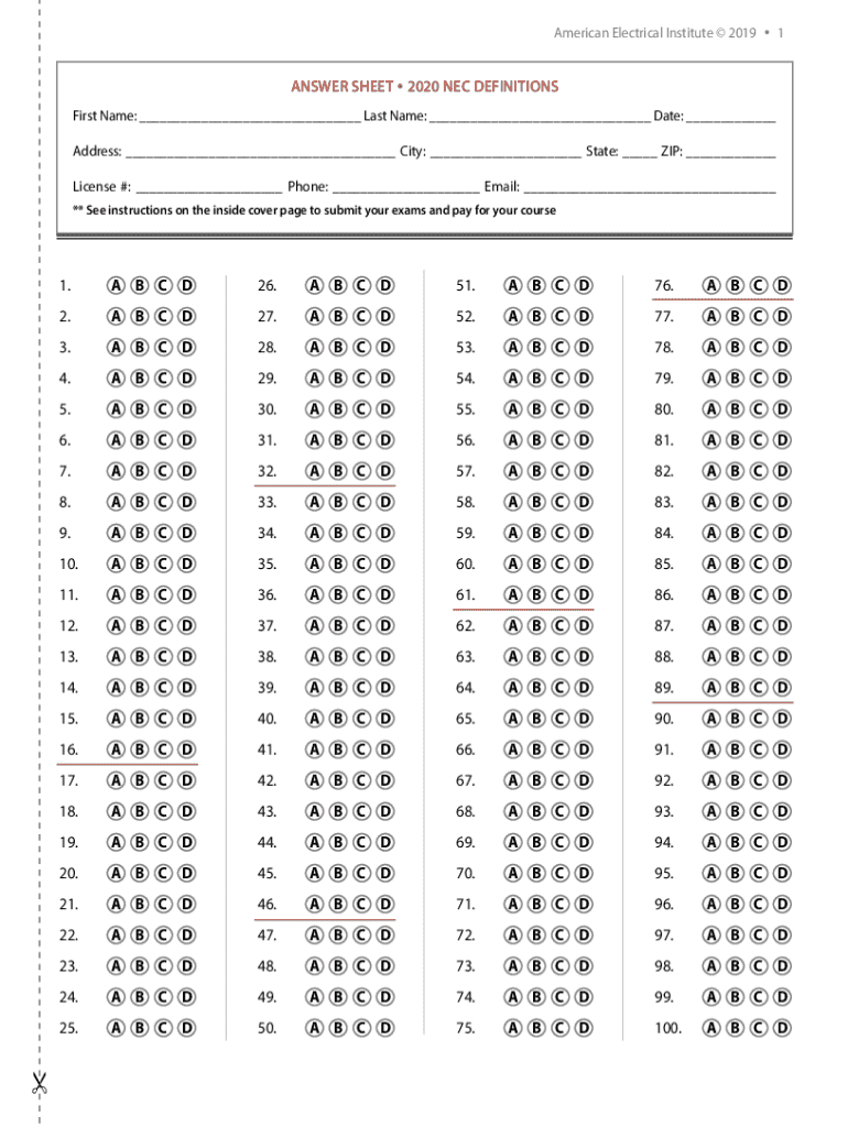 Fillable Online ANSWER SHEET2020 NEC DEFINITIONS 1. A B C D 2. ... Fax ...