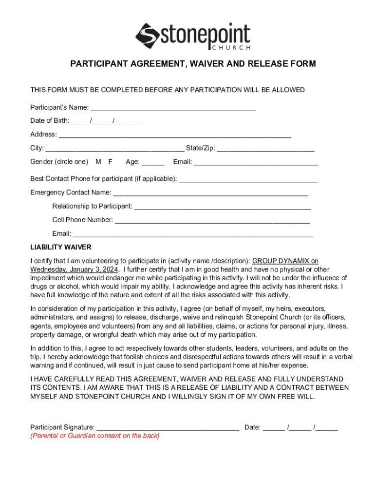Fillable Online PARTICIPANT AGREEMENT, WAIVER AND RELEASE ... Fax Email ...