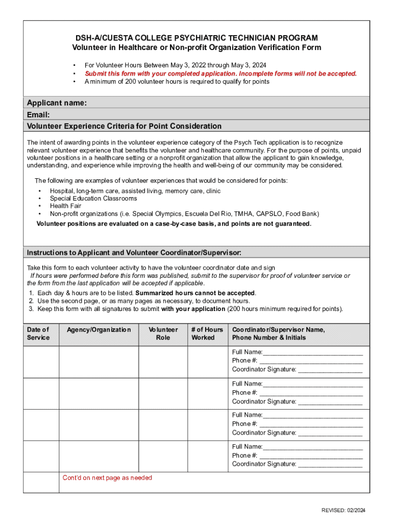 Fillable Online Fillable PT Volunteer Experience Form 02-2024 Fax Email ...