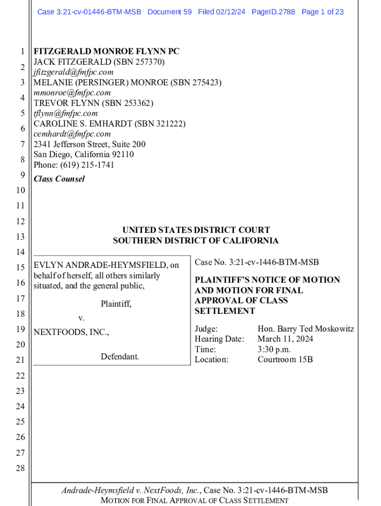 Fillable Online Plaintiffs Notice Of Motion And Motion For Final ...