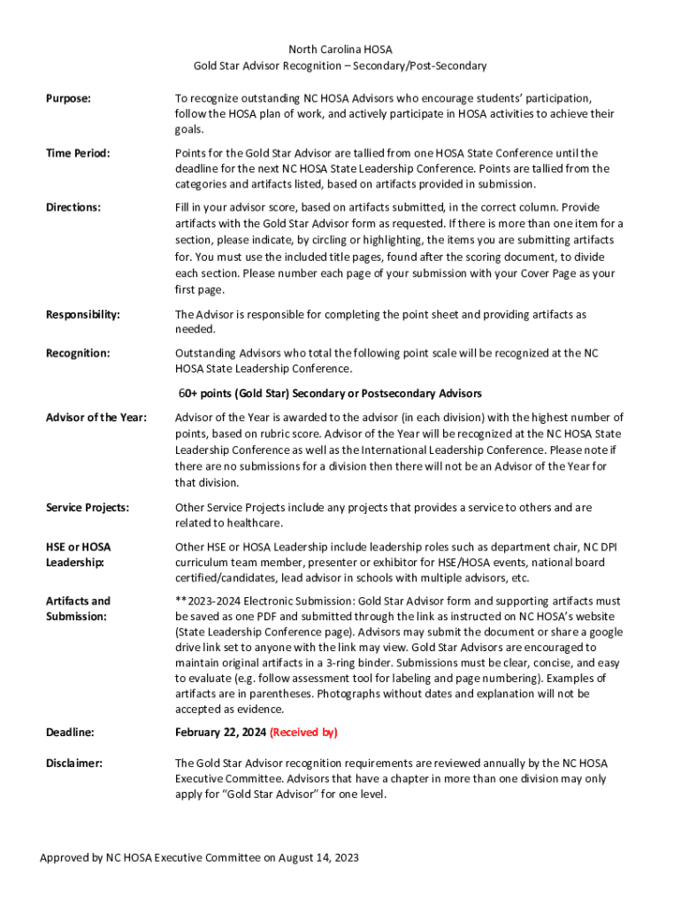 Fillable Online Gold Star Advisor Recognition Secondary/Post-Secondary ...