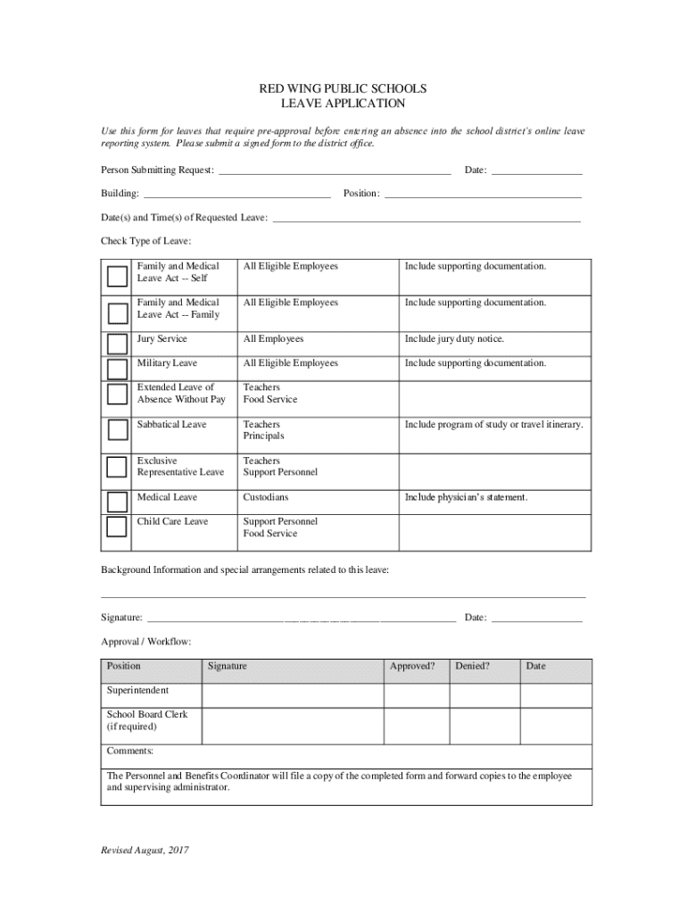 Fillable Online RED WING PUBLIC SCHOOLS LEAVE APPLICATION Fax Email Print - pdfFiller
