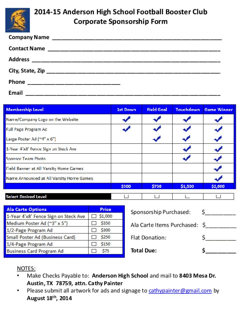 Fillable Online 2021-2022 QOHS Booster Club Sponsorship Order Form Fax ...