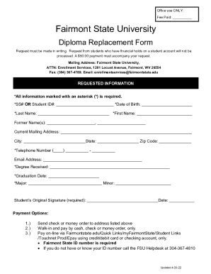 Fillable Online Fairmont State University - Diploma Replacement Form ...