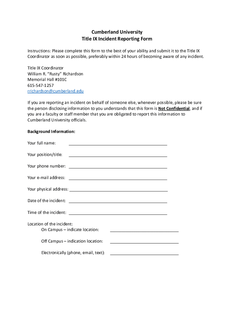 Fillable Online Title IX Incident Report Form.docx Fax Email Print - pdfFiller