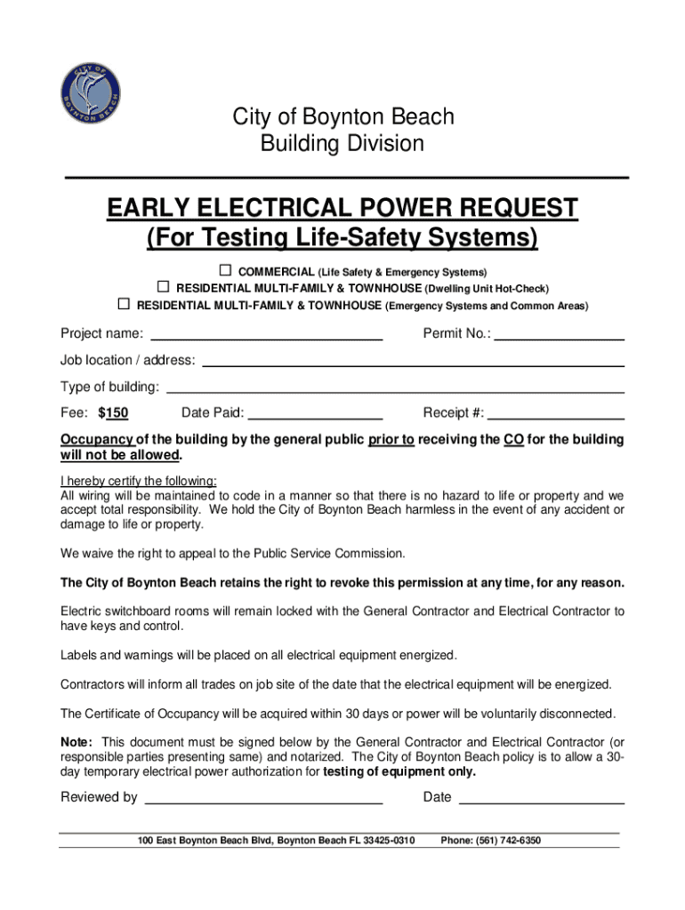 Fillable Online EARLY ELECTRICAL POWER REQUEST (For Testing Life-Safety ...