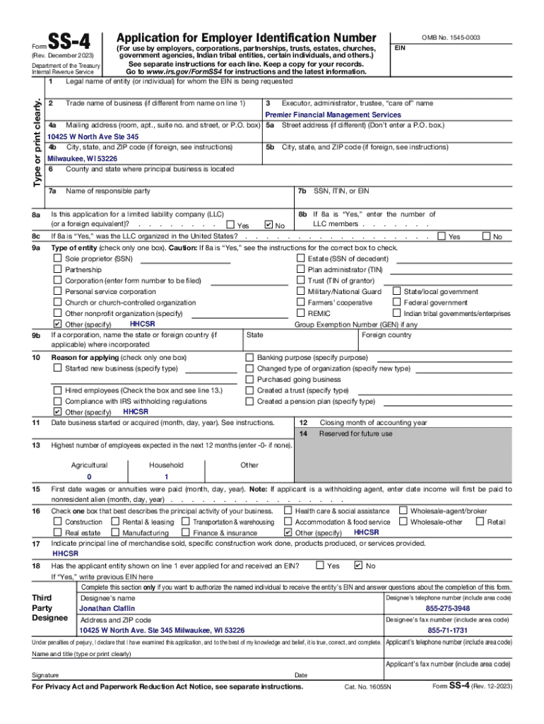 Fillable Online Application for Employer Identification Number (SS-4 ...