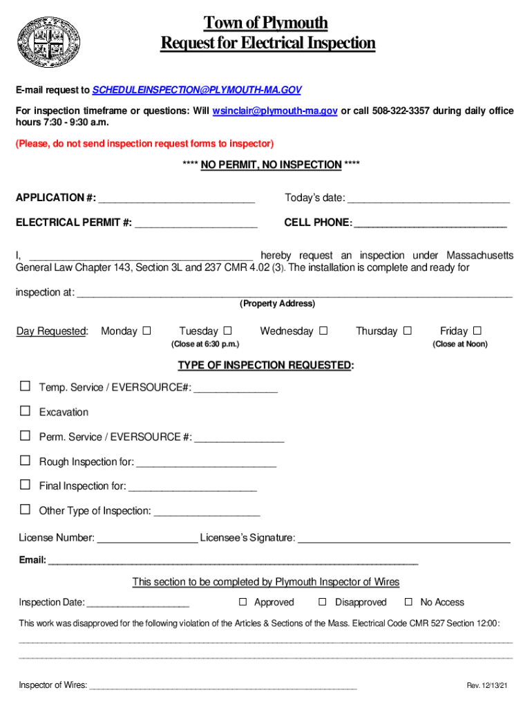 Fillable Online Town of Plymouth Request for Electrical Inspection Fax Email Print - pdfFiller