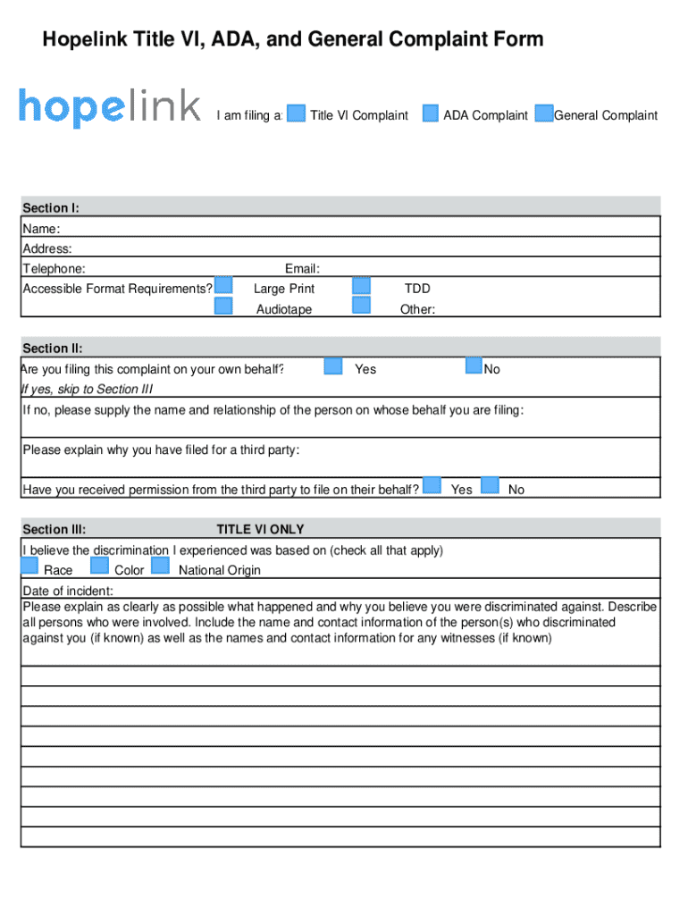 Fillable Online Hopelink Title VI, ADA, and General Complaint Form Fax ...