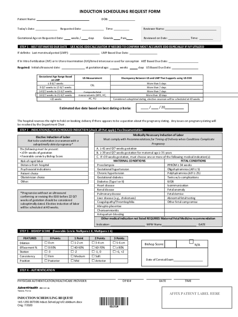 Fillable Online health usf INDUCTION SCHEDULING REQUEST FORM Fax Email ...