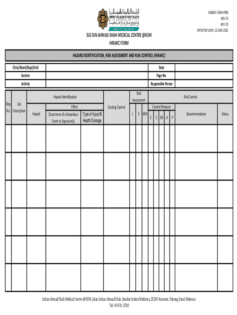 Fillable Online sultan ahmad shah medical centre iium hirarc form - hazard ... Fax Email Print ...