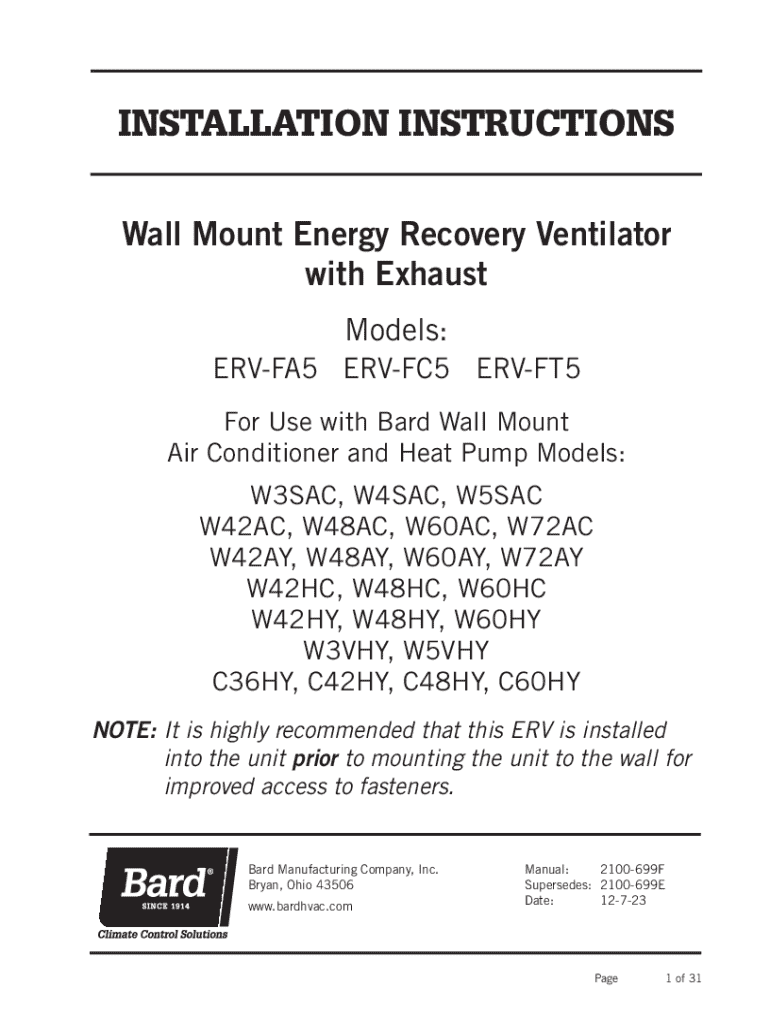 Fillable Online Bard ERV-FA5 Wall Mount Energy Recovery Ventilator with ... Fax Email Print ...