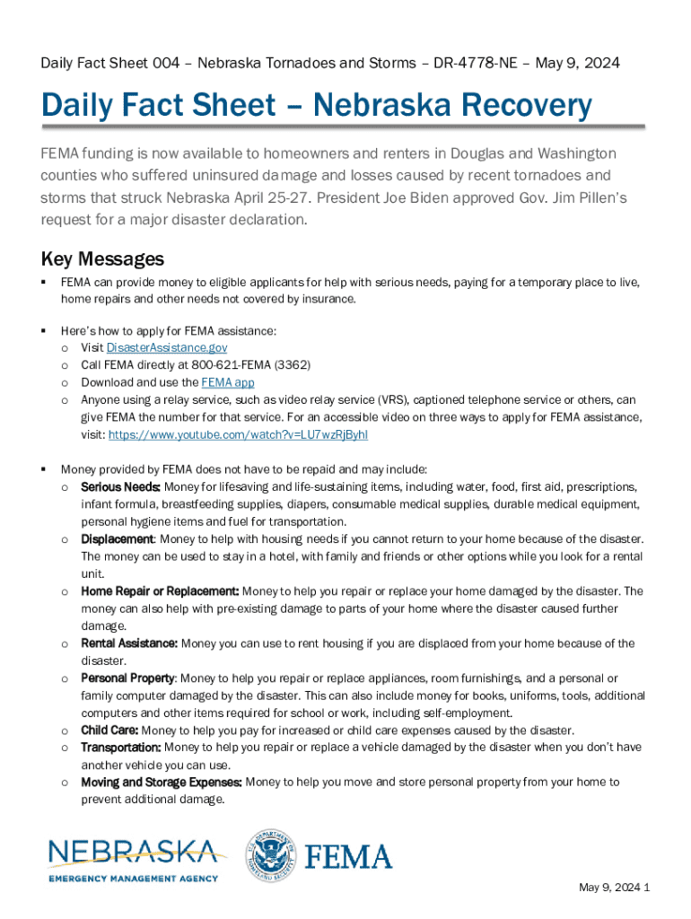 Fillable Online Daily Fact Sheet 004 Nebraska Tornadoes and Storms DR ...