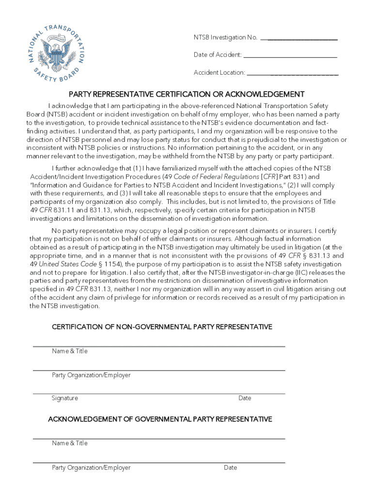 Fillable Online NTSB Party Certification Acknowledgement Form. Party ...